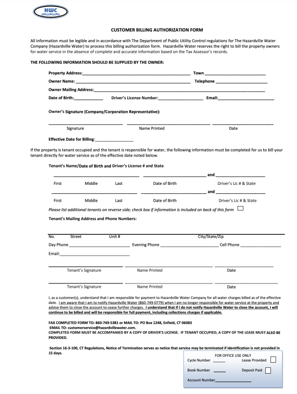 Online Forms – Hazardville Water Company